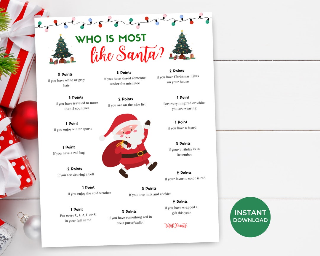 Group Christmas Party Game, Christmas Icebreaker Game, Most Like Santa ...