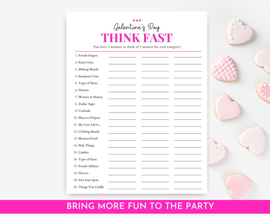 Galentine's Day Think Fast Game, Fun Valentine's Day Game, Valentine's ...