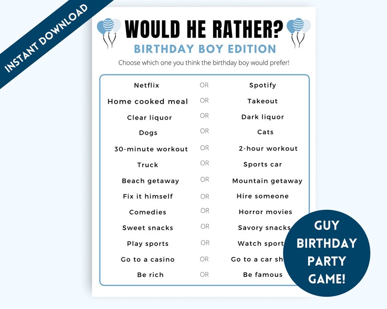 Would He Rather Birthday Adult Birthday Party Game Men's | Etsy