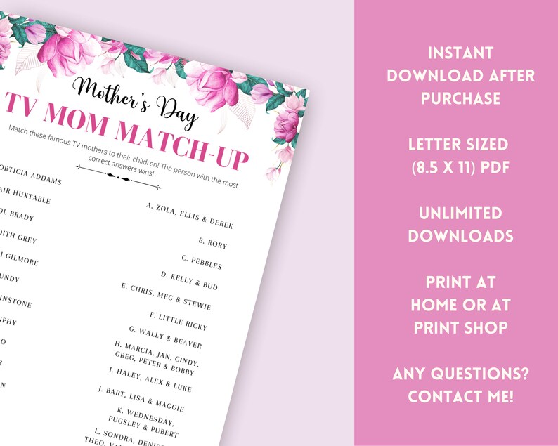 Mother's Day Game TV Mom Matchup Game Mother's Day | Etsy