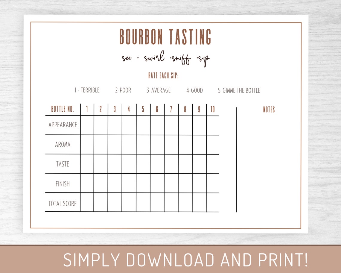 Bourbon Tasting Scorecard, Bourbon Tasting Scorecard, Printable Bourbon ...