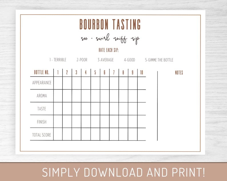 Bourbon Tasting Scorecard, Bourbon Tasting Scorecard, Printable Bourbon ...