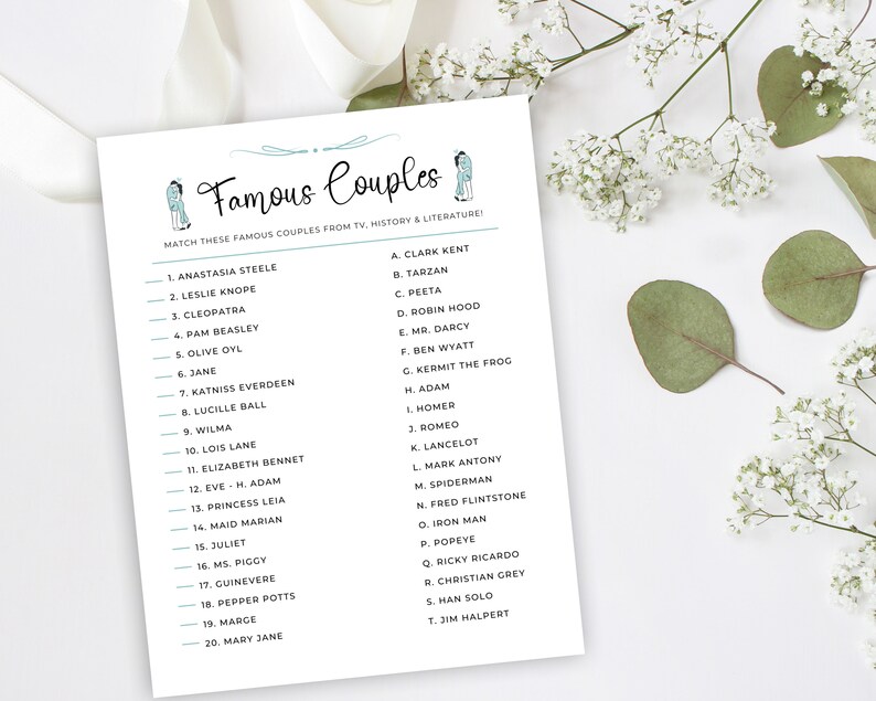 Famous Couples Game, Couple Matching Game, Blue Bridal Shower Game ...