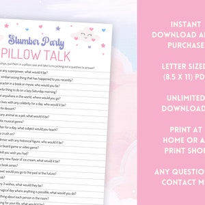 Pillow Talk Sleepover Game for Girls, Printable Slumber Party Game ...