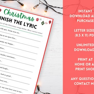 Printable Christmas Game, Christmas Game, Finish the Lyric Game ...