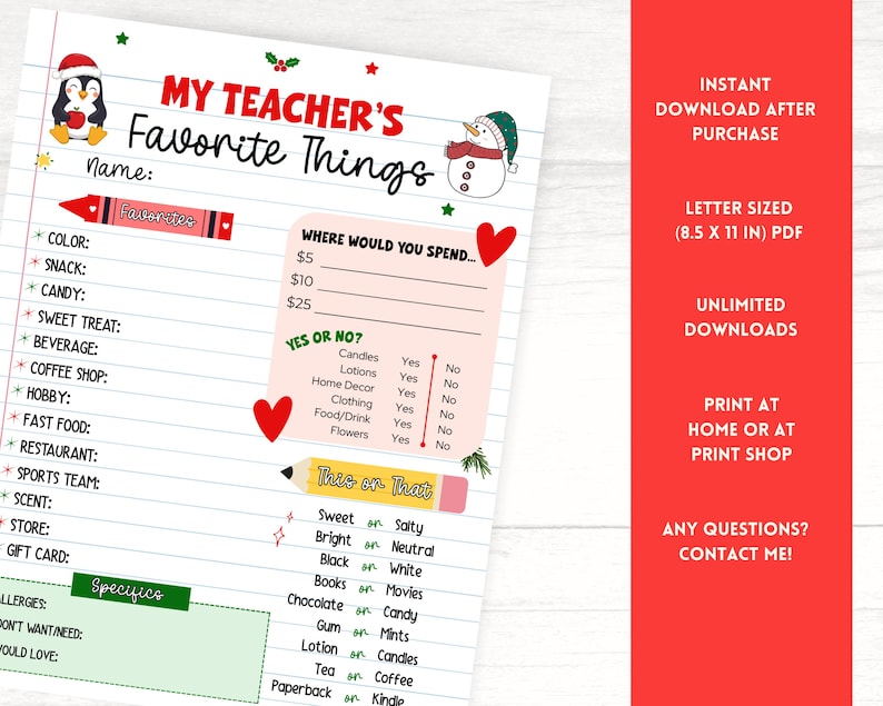 Christmas Teacher's Favorite Things Editable Template, Holiday Teacher ...