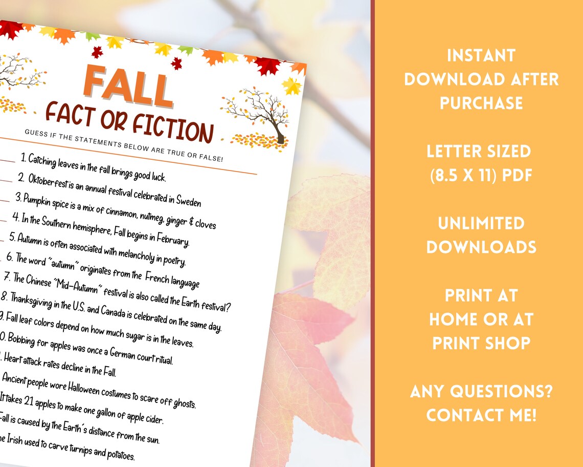 Fall Trivia Game Fact or Faction Fall Party Game Fall Themed - Etsy