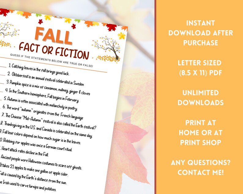 Fall Trivia Game, Fact or Faction Fall Party Game, Fall Themed Games ...