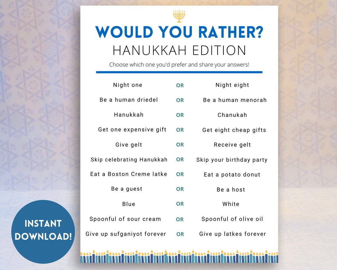 Hanukkah Would You Rather Game, Hanukkah Games, Chanukah Fun, Chanukah ...