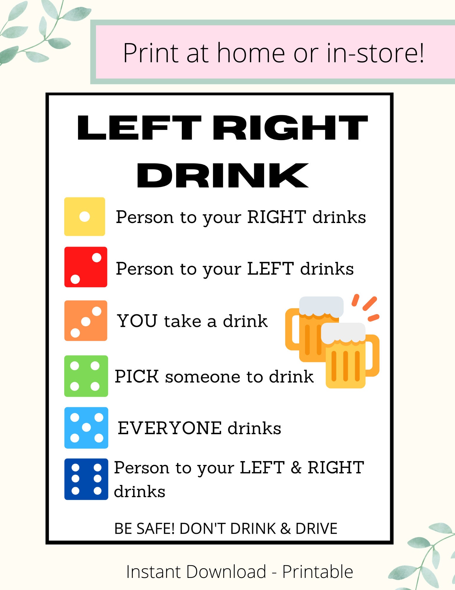 Left Right Drink Party Game Drunk Dice Game Drinking Games Etsy