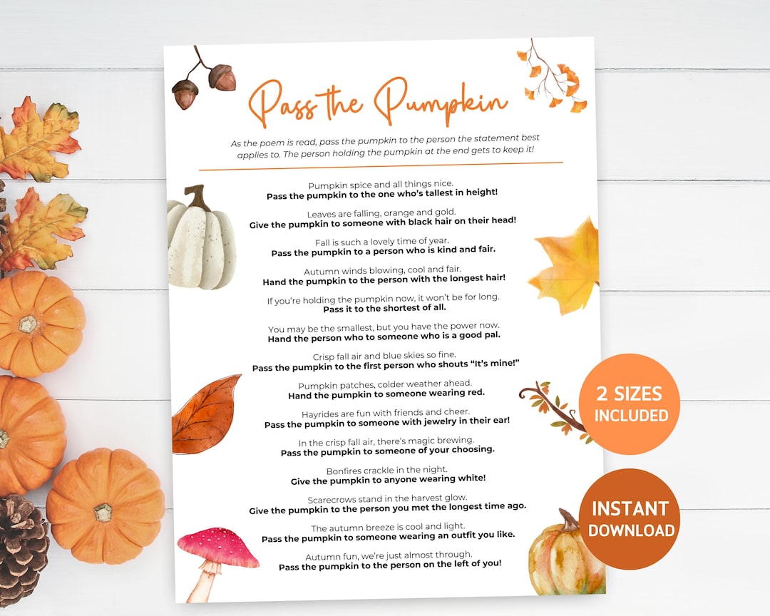 Fall Pass the Pumpkin Game, Fall Game, Autumn Games Printable, Fall ...