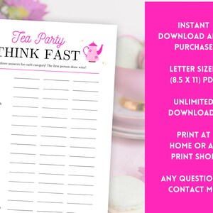 Tea Party Think Fast Game, Tea Party Game Printable, Tea Party Game for ...
