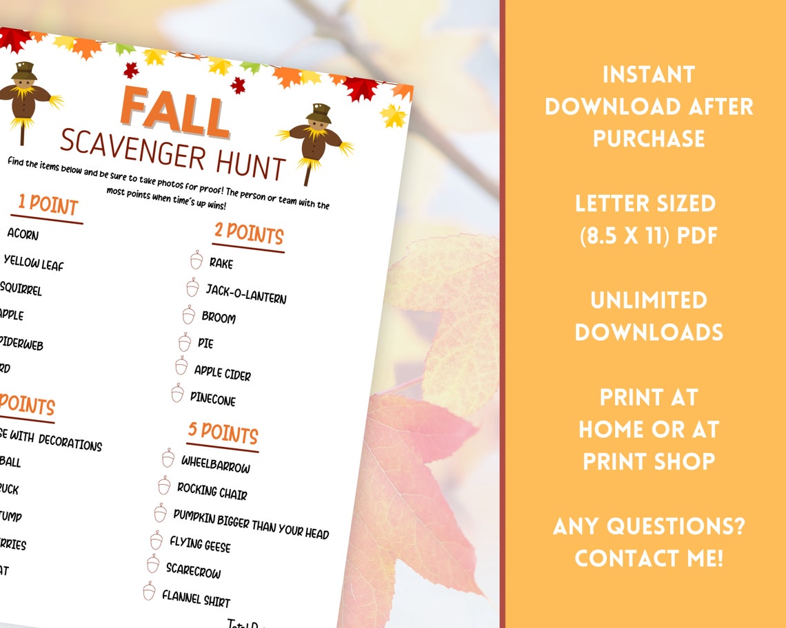 Fall Scavenger Hunt, Printable Scavenger Hunt Fall, Printable Games for ...
