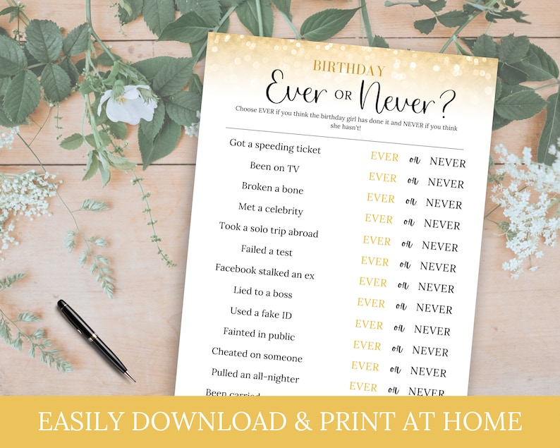 Adult Birthday Party Game Birthday Ever or Never Game | Etsy