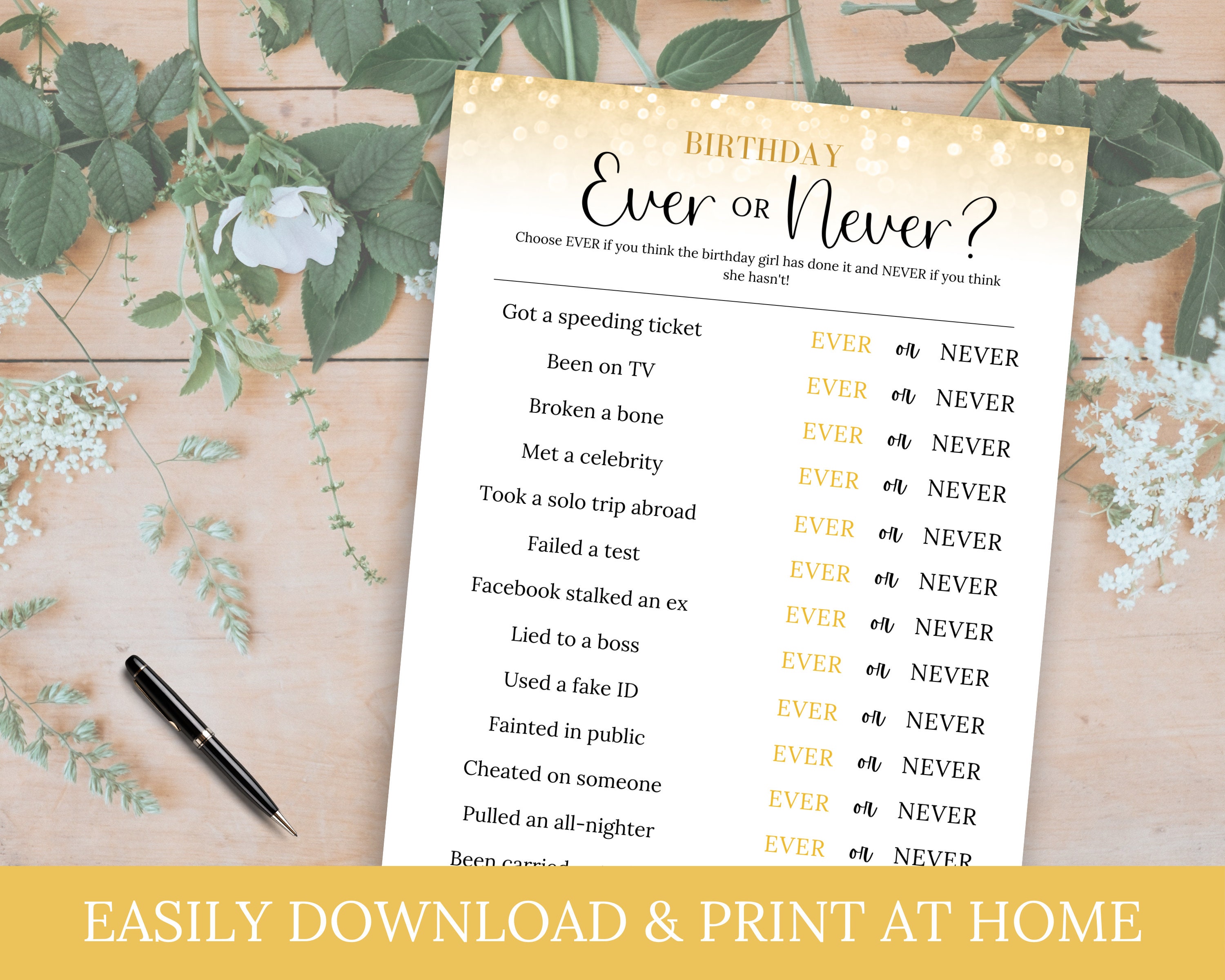 Adult Birthday Party Game | Birthday Ever or Never Game | Birthday ...