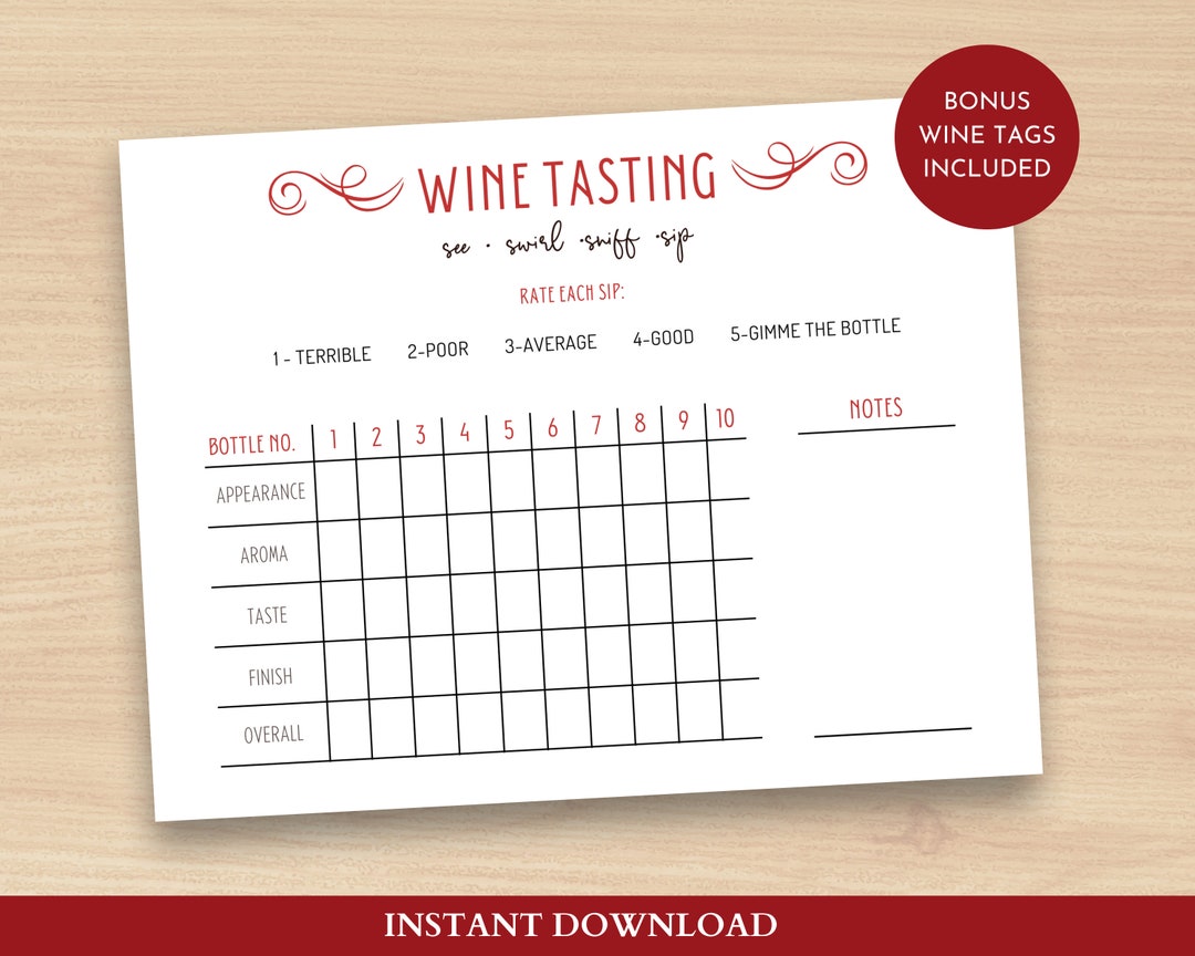 Wine Tasting Sheet 10 Wines, Wine Tasting Scorecard Printable, Wine ...