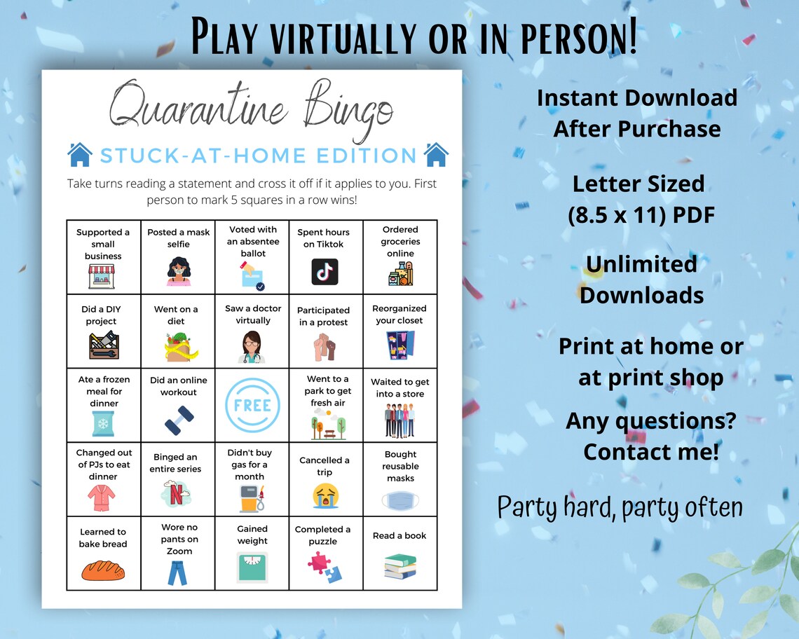 Quarantine Bingo Game for Adults Quarantine Birthday Games - Etsy