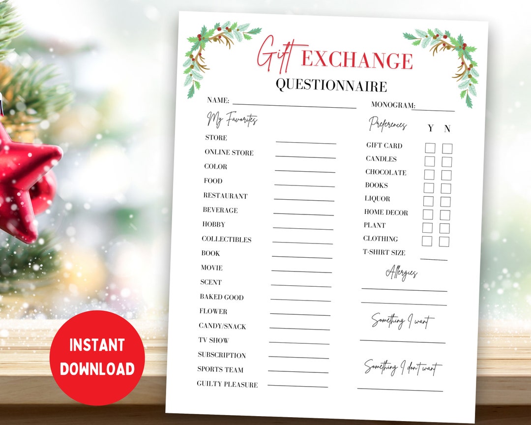 Gift Exchange Survey, Gift Exchange Questionnaire, Secret Santa ...