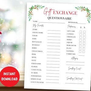 Gift Exchange Survey, Gift Exchange Questionnaire, Secret Santa ...