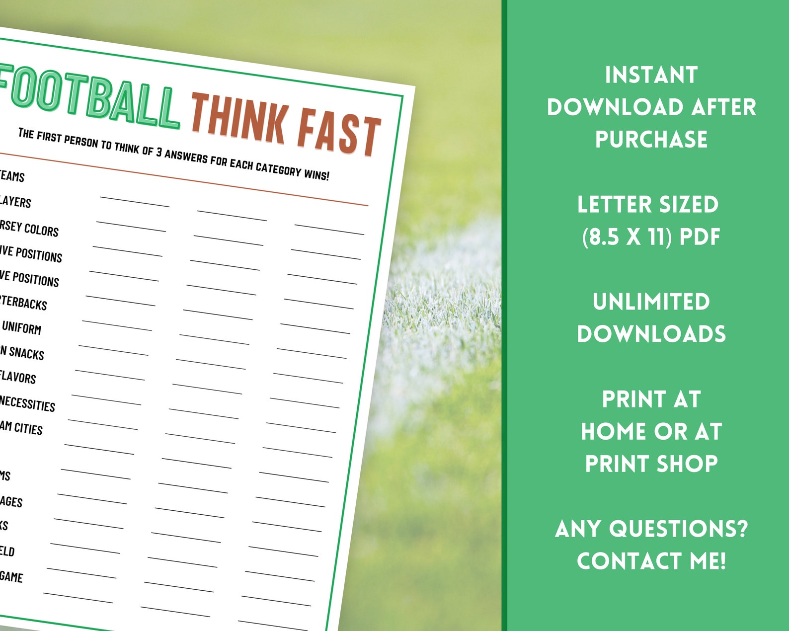 Football Think Fast Football Games Sports Party Game - Etsy