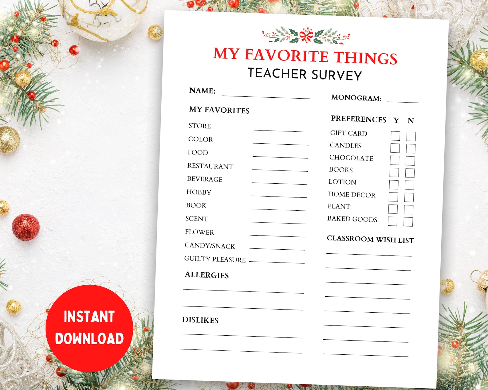 Teacher's Favorite Things Questionnaire, Teacher Survey, Christmas ...