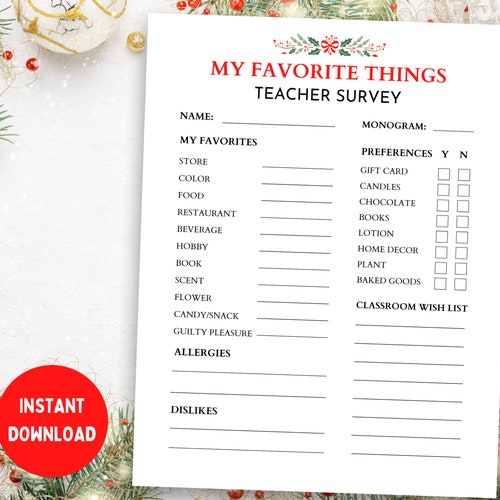 My Favorite Things Teacher Questionnaire Survey - Etsy