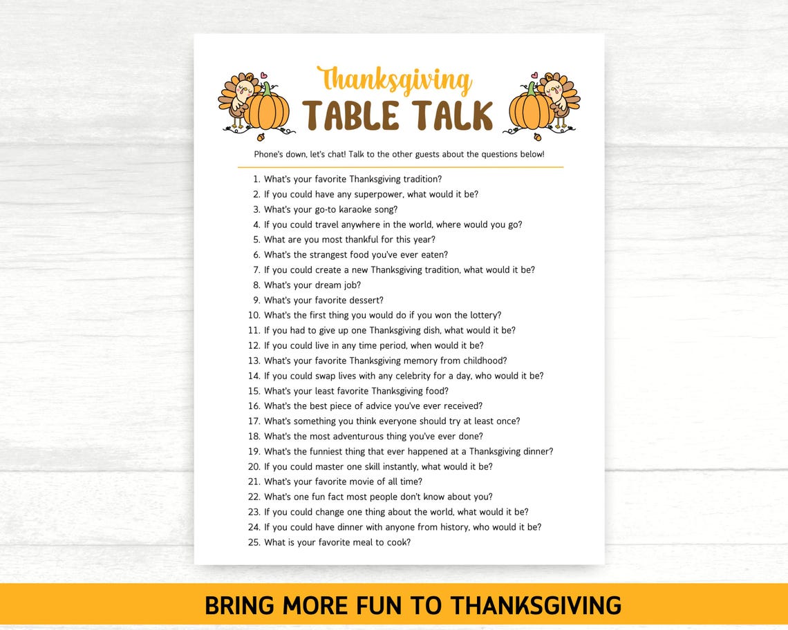 Thanksgiving Table Talk, Thanksgiving Game, Conversation Starters ...