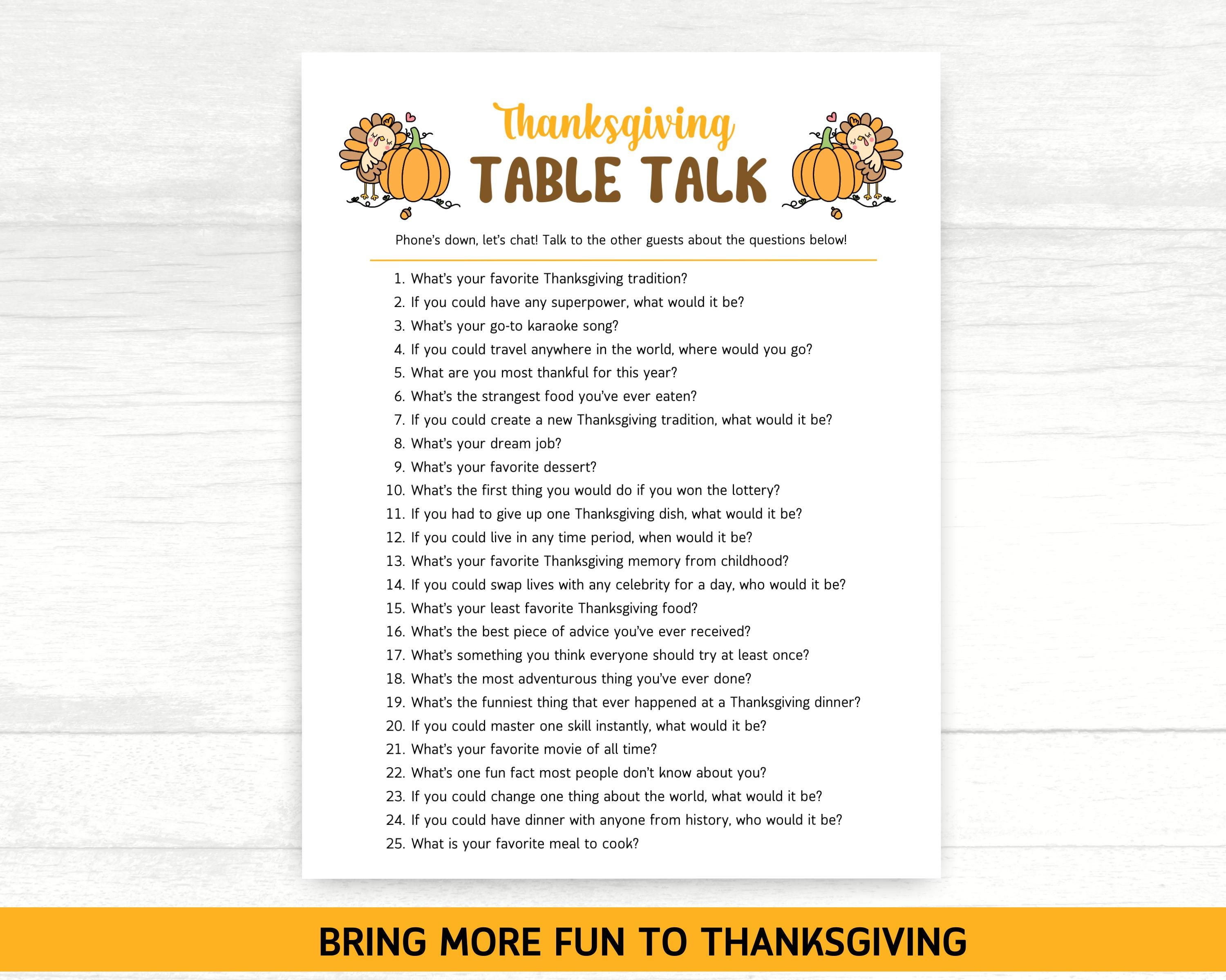 Thanksgiving Table Talk, Thanksgiving Game, Conversation Starters ...