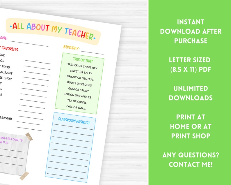 Teacher Favorite Things Form Teacher Survey Classroom - Etsy