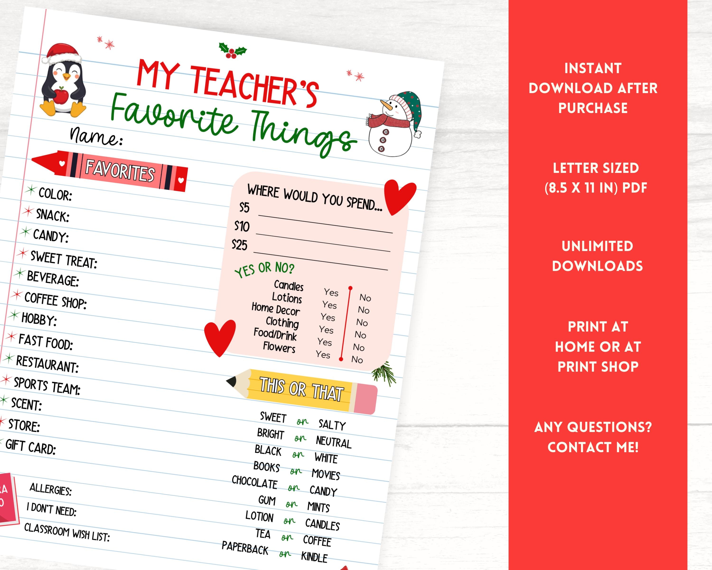 Teacher Christmas Wishlist Template, Holiday Teacher Favorite Things ...