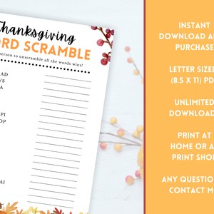 Thanksgiving Word Scramble, Thanksgiving Printable Games, Thanksgiving ...