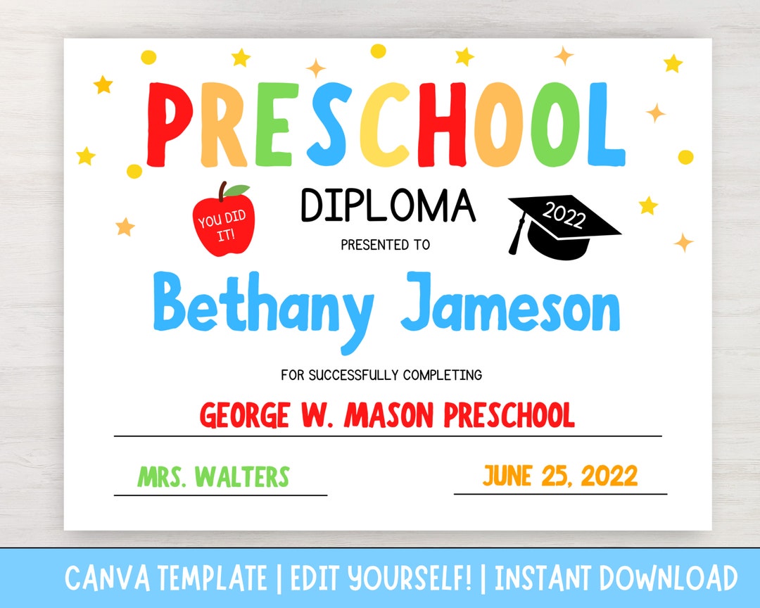 Preschool Diploma Template, Editable Preschool Diploma, Preschool ...