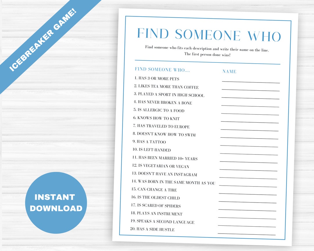 Find Someone Who Game, Icebreaker Game, Conversation Party Game, Group ...