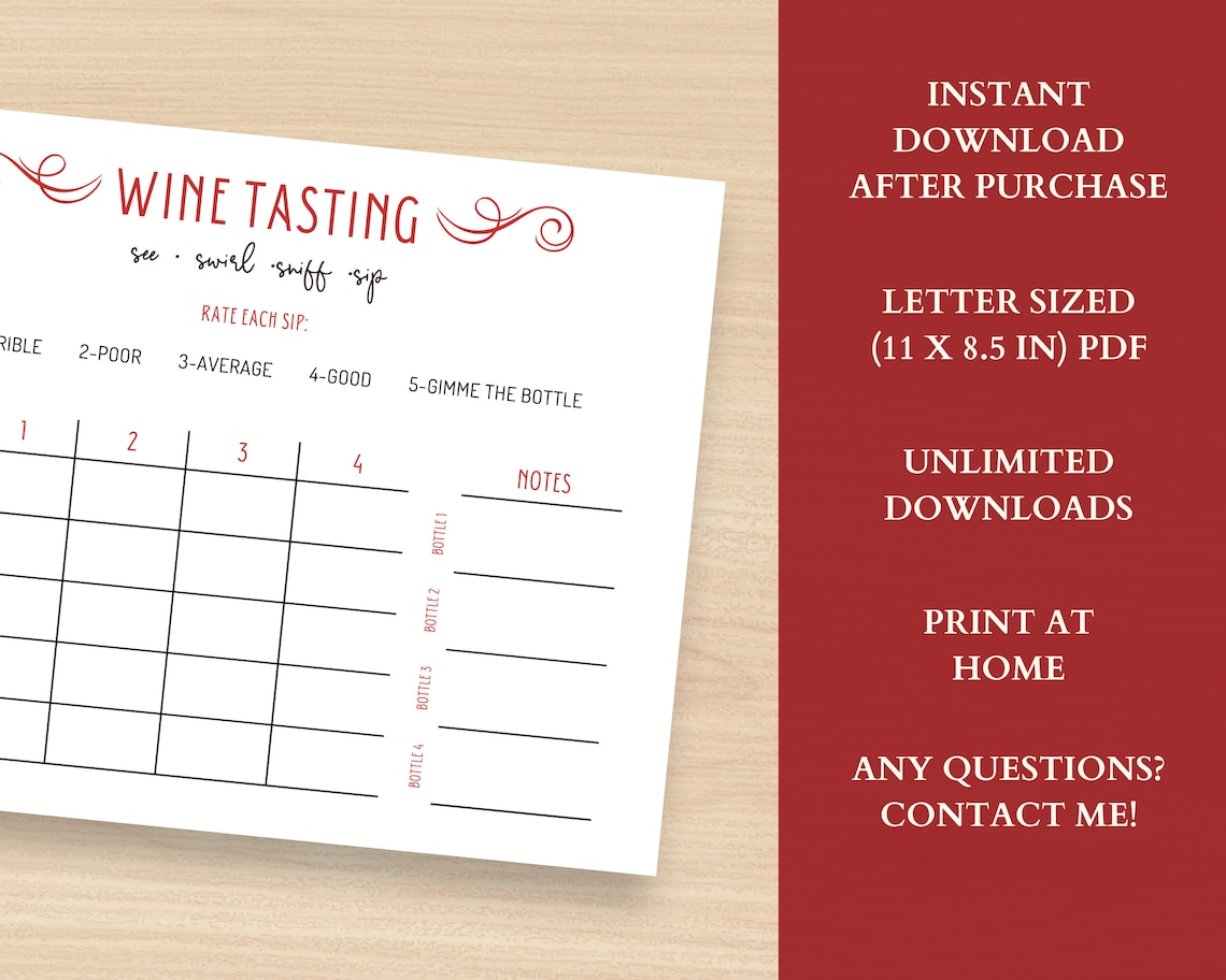 Wine Tasting Sheet 4 Wines, Wine Tasting Card, Printable Wine Tasting ...