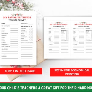 Teacher's Favorite Things Questionnaire, Teacher Survey, Christmas ...