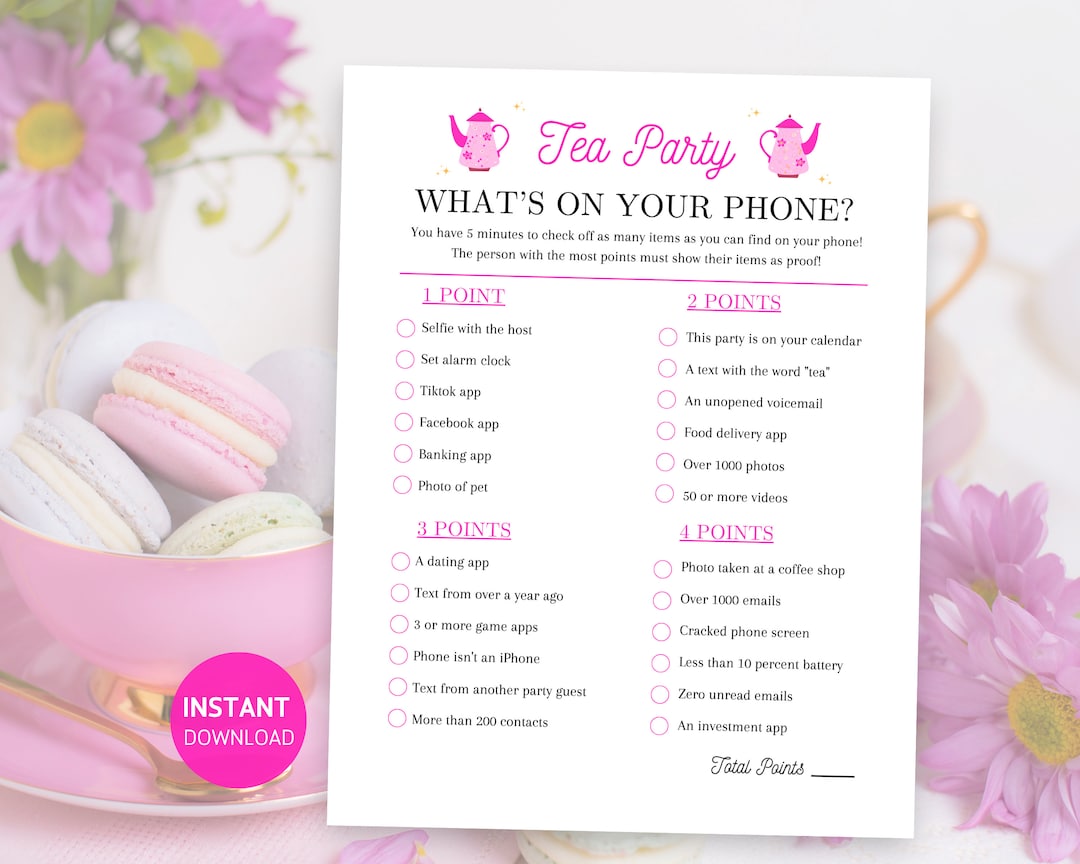 What's on Your Phone Tea Party Game, Printable Tea Party Game for ...