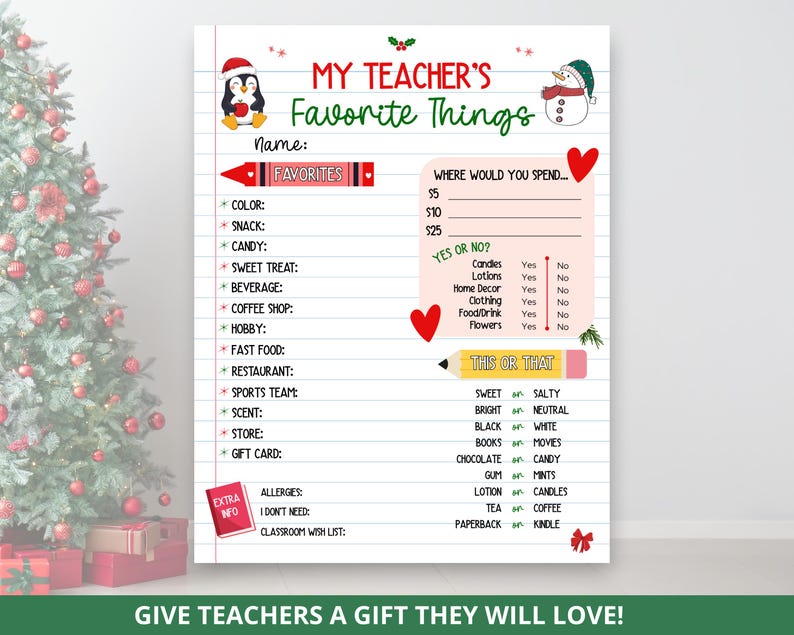 Teacher Christmas Wishlist Template, Holiday Teacher Favorite Things ...