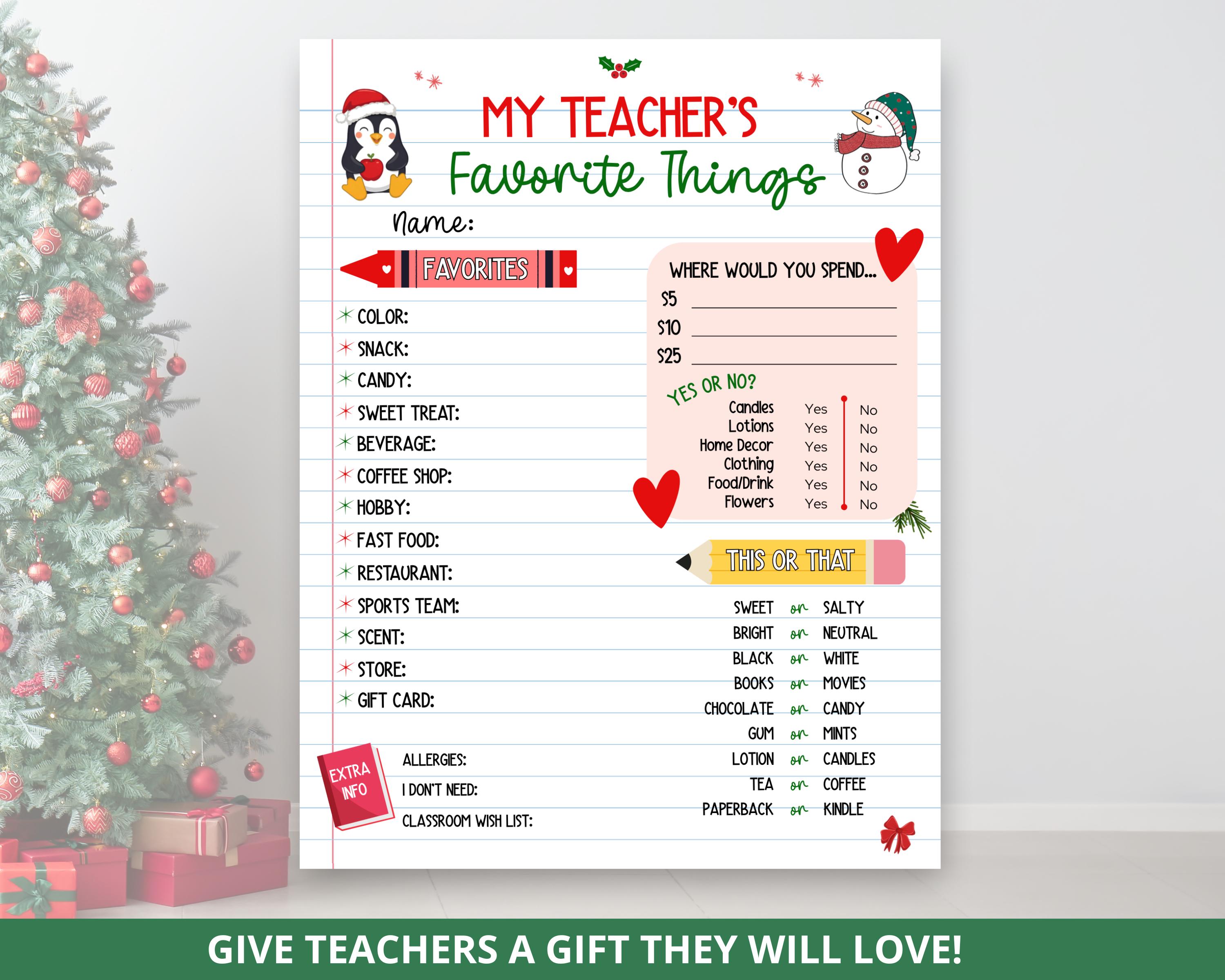 Teacher Christmas Wishlist Template, Holiday Teacher Favorite Things ...