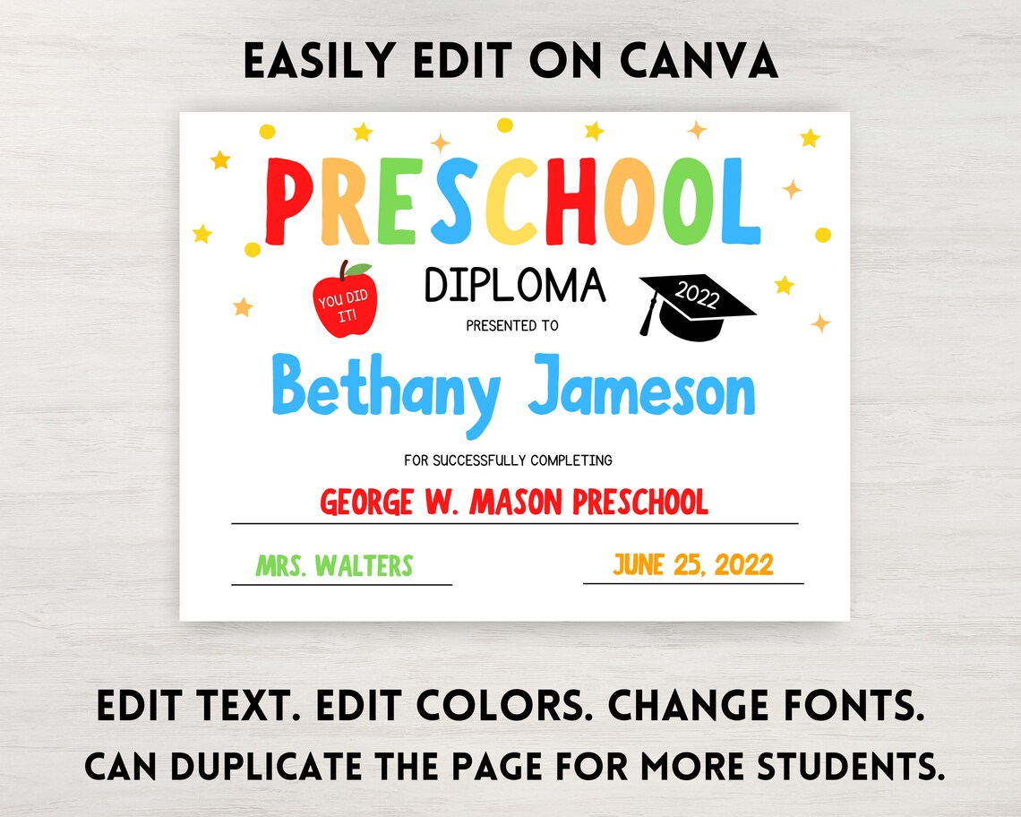 Preschool Diploma Template, Editable Preschool Diploma, Preschool ...
