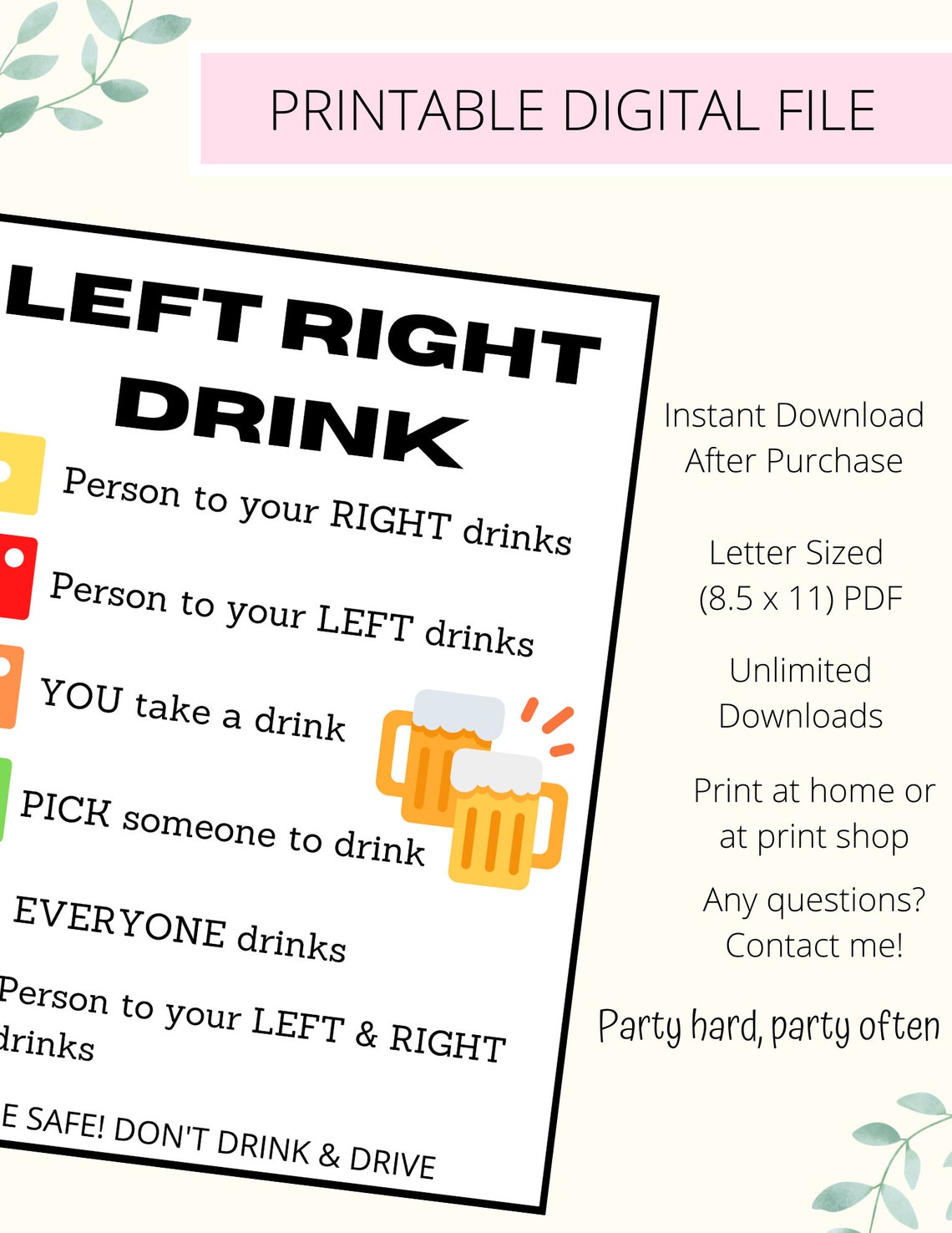 Left Right Drink Party Game Drunk Dice Game Drinking Games - Etsy