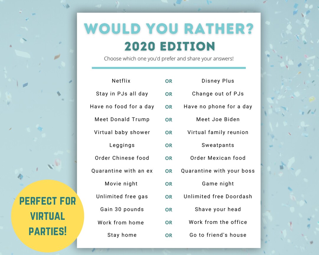 Would You Rather Game Adult Would You Rather Quarantine Game Etsy