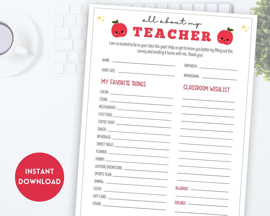 Teacher Favorites Survey, All About the Teacher Survey, Classroom ...
