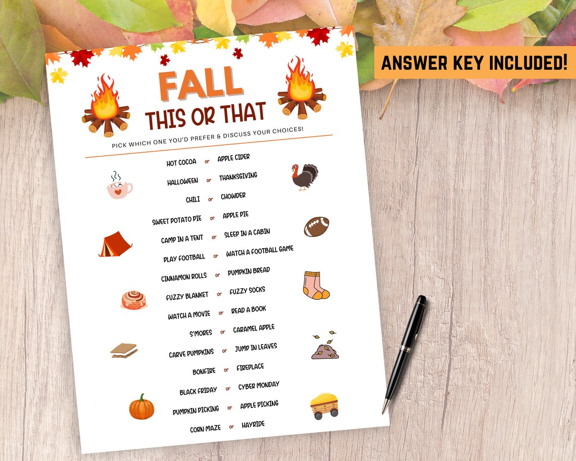 Fall This or That, Fall Party Game Printable, Fun Game for Kids and ...