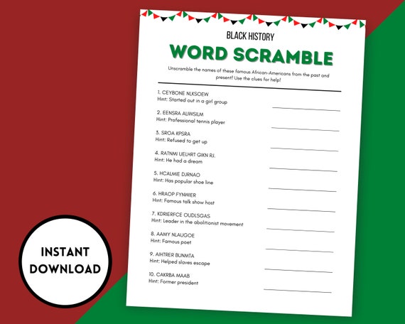 Black Word Scramble Worksheets