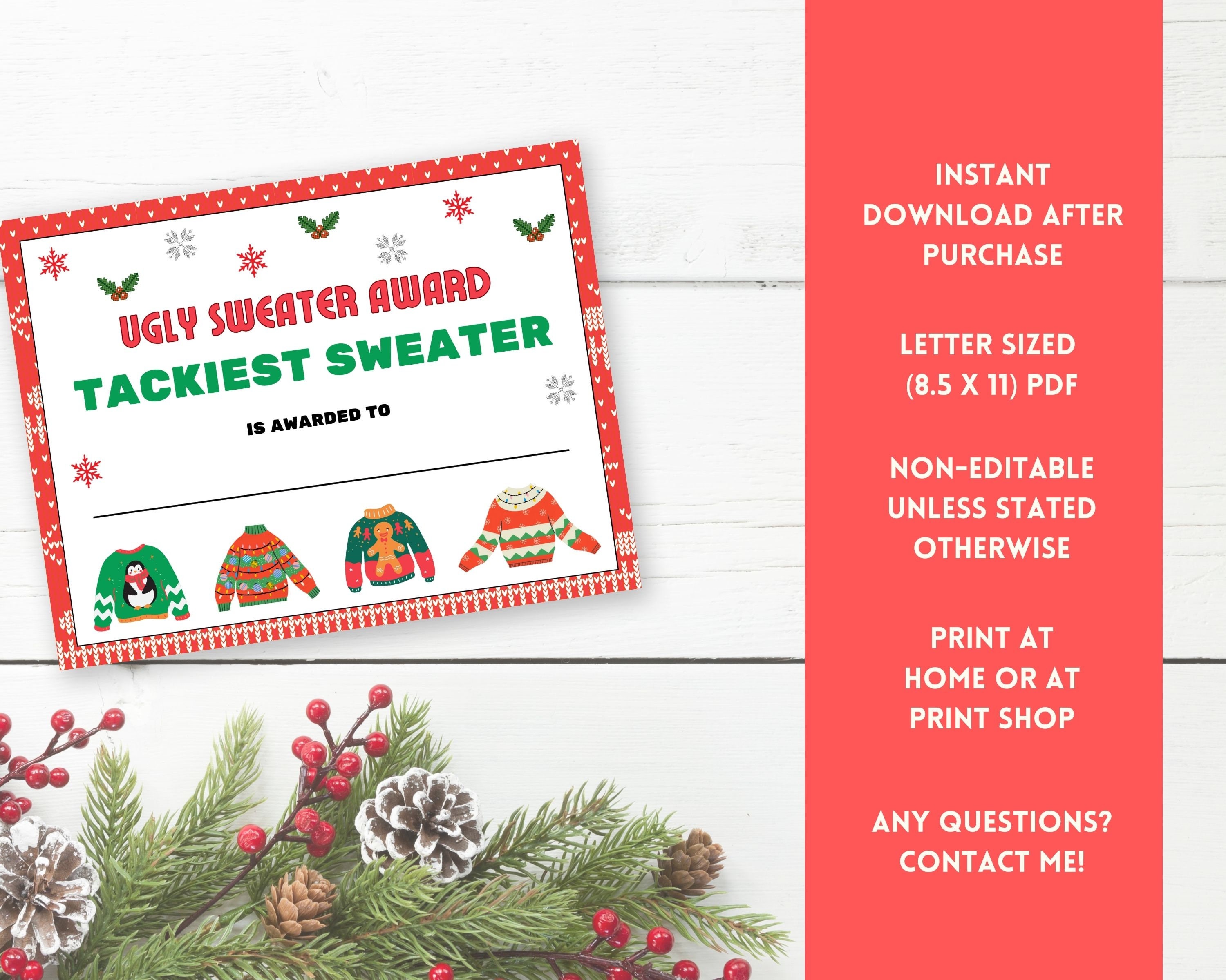 Ugly Christmas Sweater Awards, Ugly Sweater Party Certificates, Ugly ...