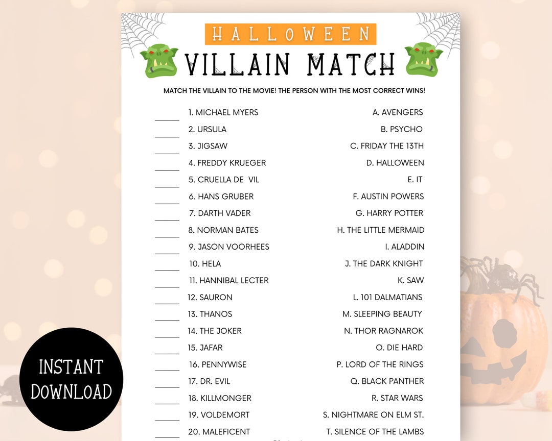Halloween Game Printable, Halloween Villain Match, Halloween Trivia ...