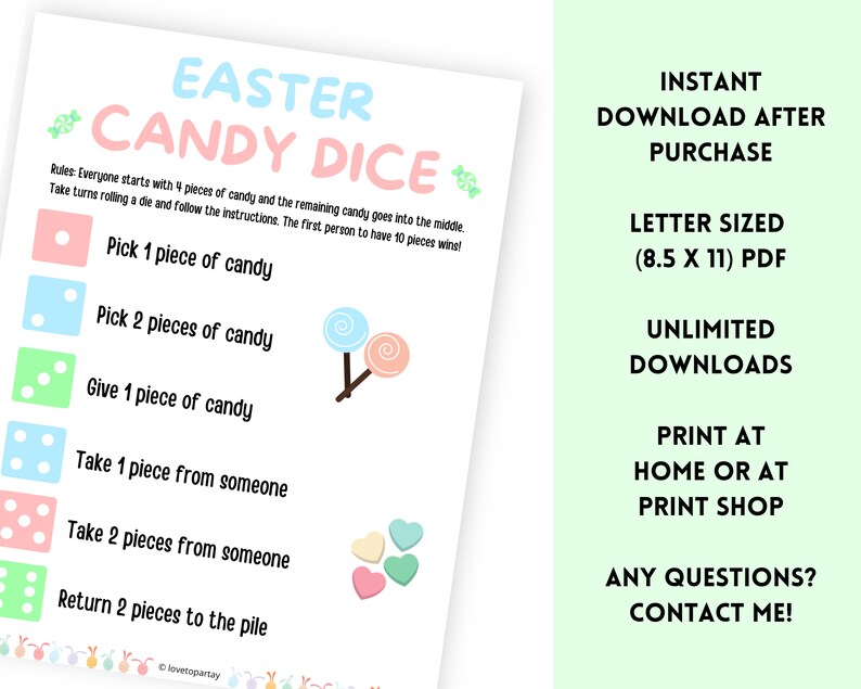 Easter Game for Kids Candy Dice Game Easter Party Games for | Etsy