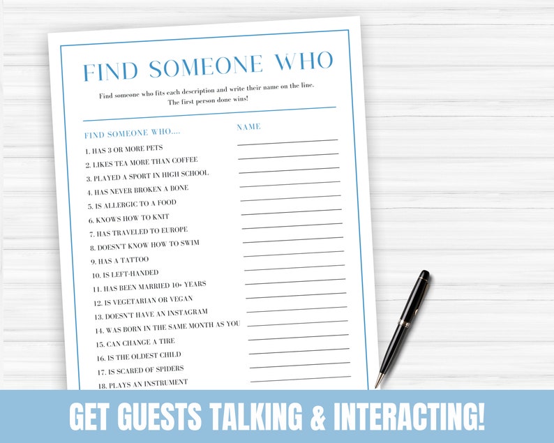 Find Someone Who Game, Icebreaker Game, Conversation Party Game, Group ...