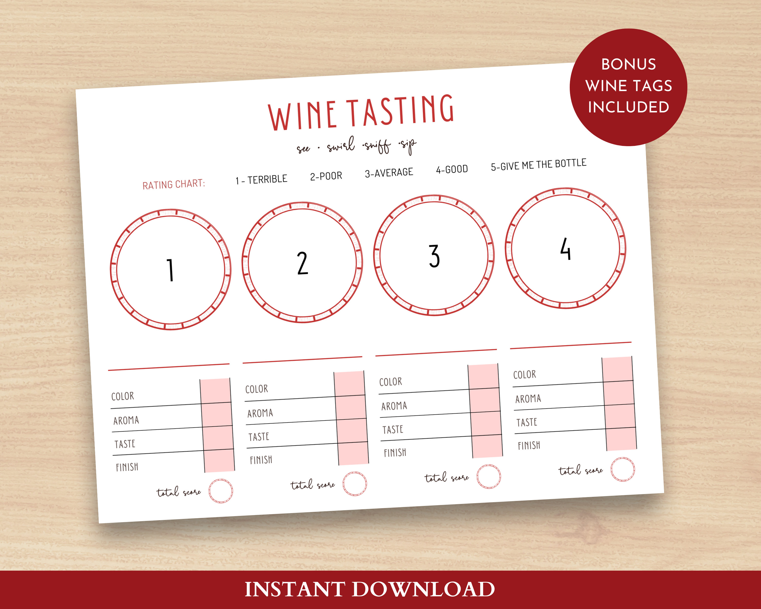 Wine Tasting Sheet 4 Wines, Wine Tasting Card, Printable Wine Tasting ...