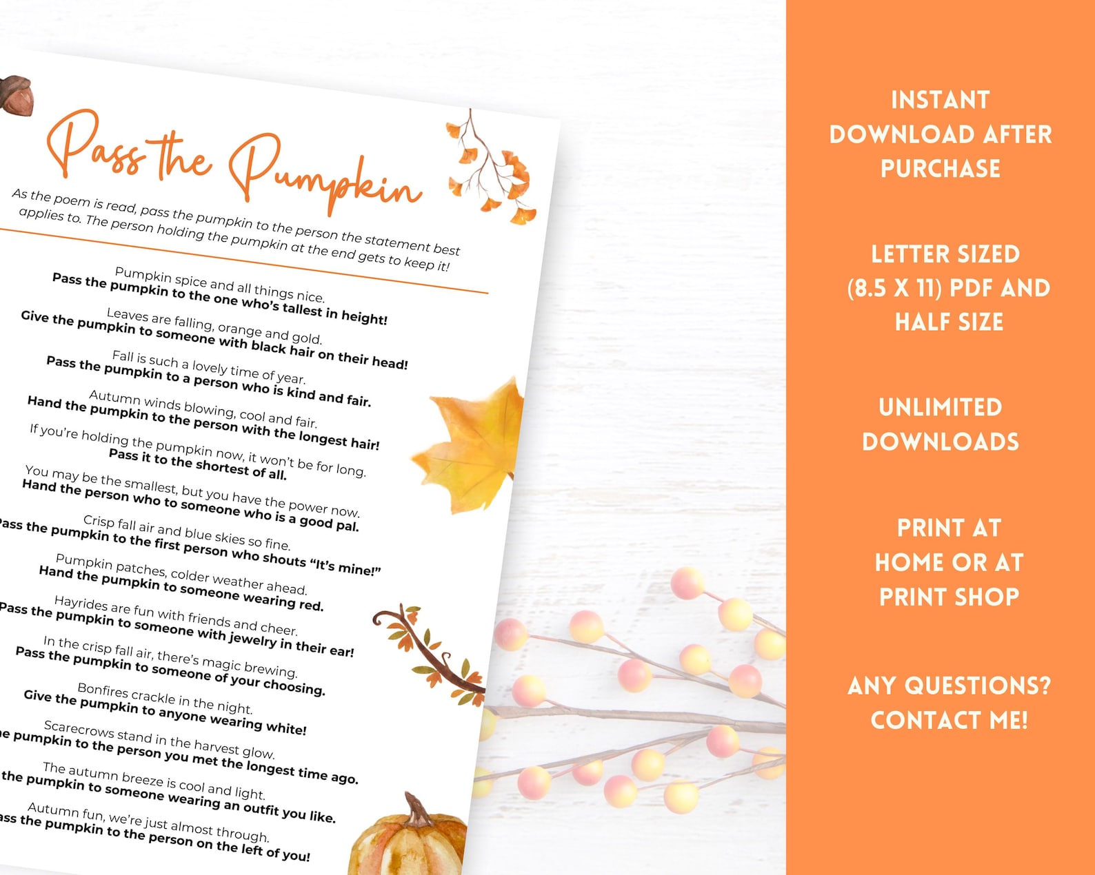 Fall Pass the Pumpkin Game, Fall Game, Autumn Games Printable, Fall ...